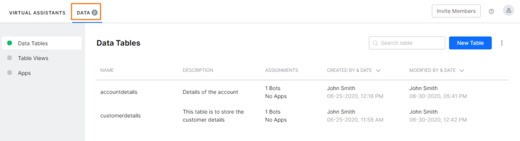 Data Table - Kore.ai Documentation