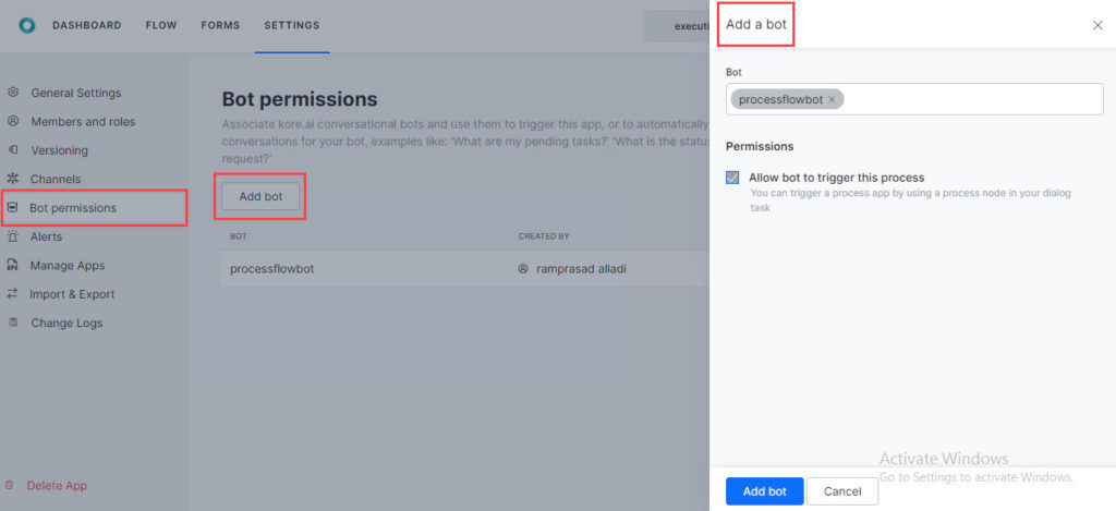 How To Add Bot Permissions To Let Bot Trigger The Process App Koreai Documentation V90