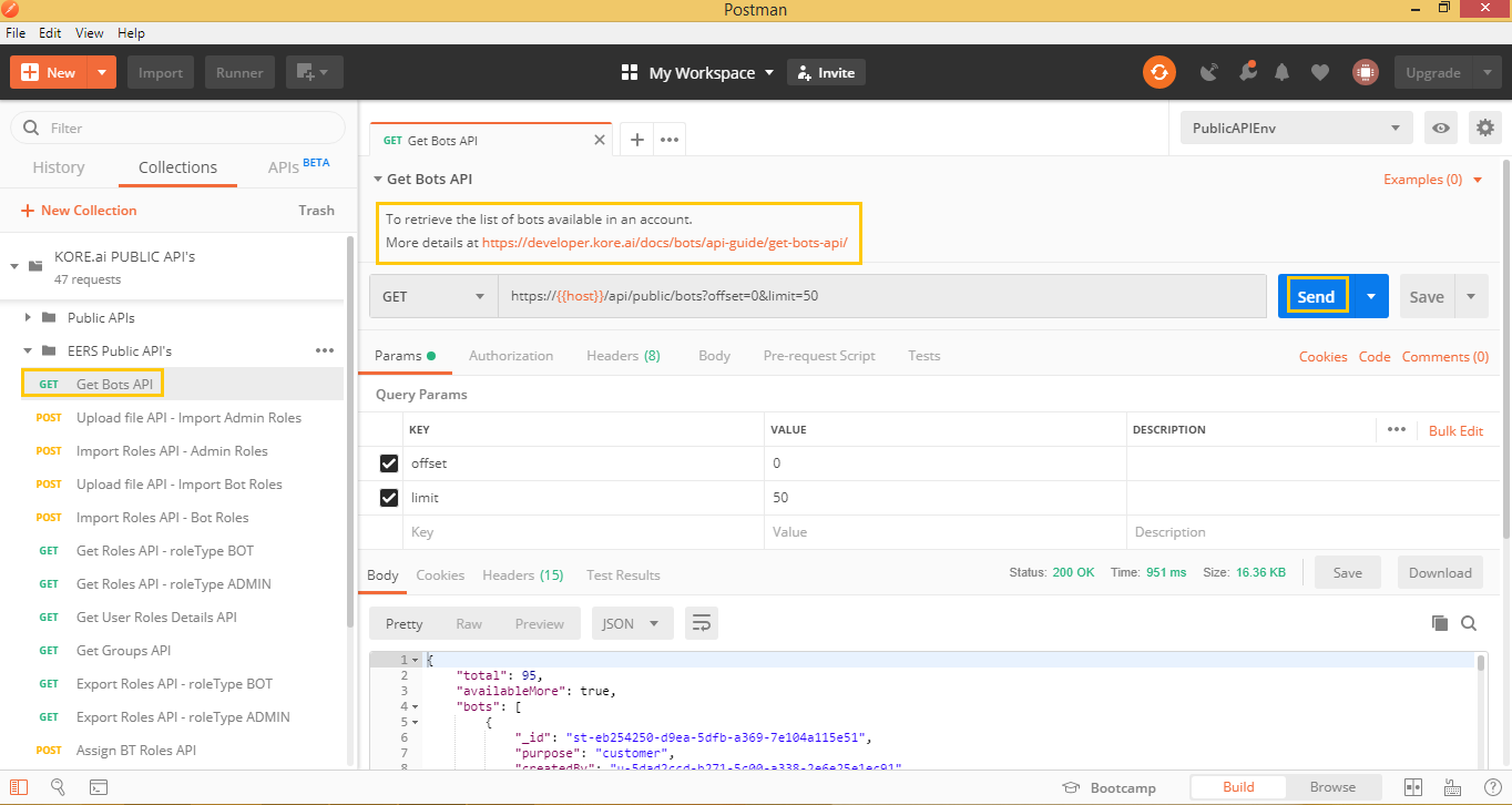 API 컬렉션 - Kore.ai Documentation